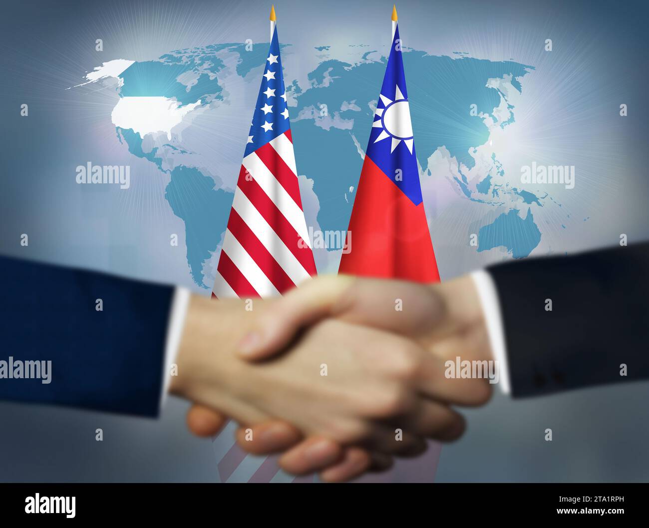 Two person shaking hands in front American, flags.,USA bilateral ...