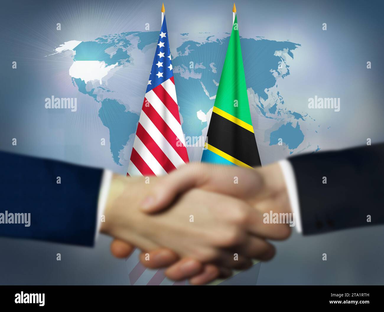 Two person shaking hands in front American,Tanzanian flags.Tanzania,USA ...