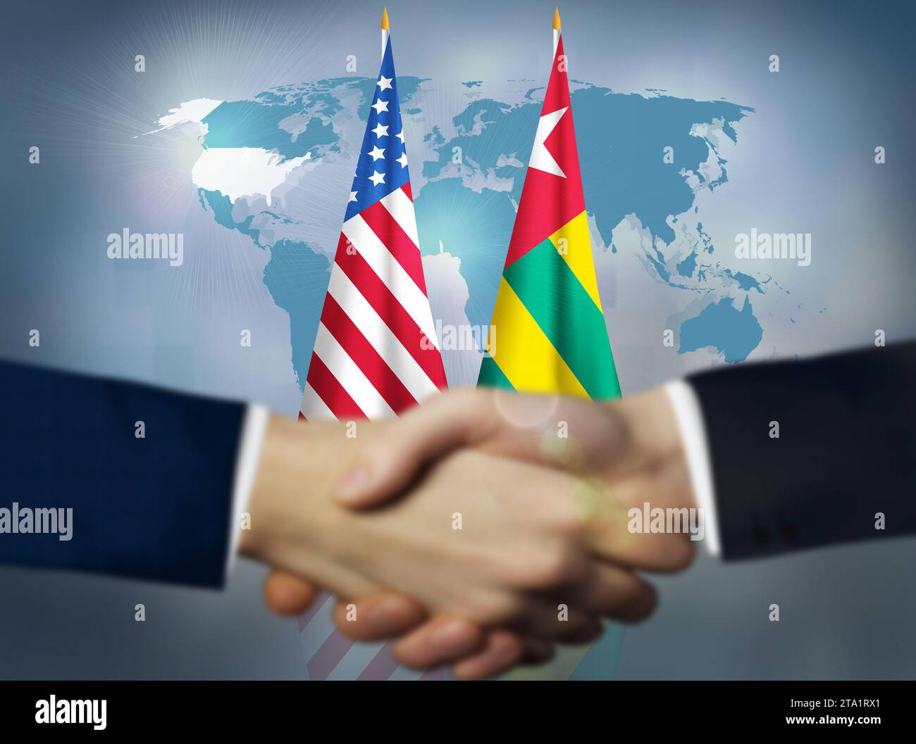 Two person shaking hands in front American, flags.,USA bilateral ...
