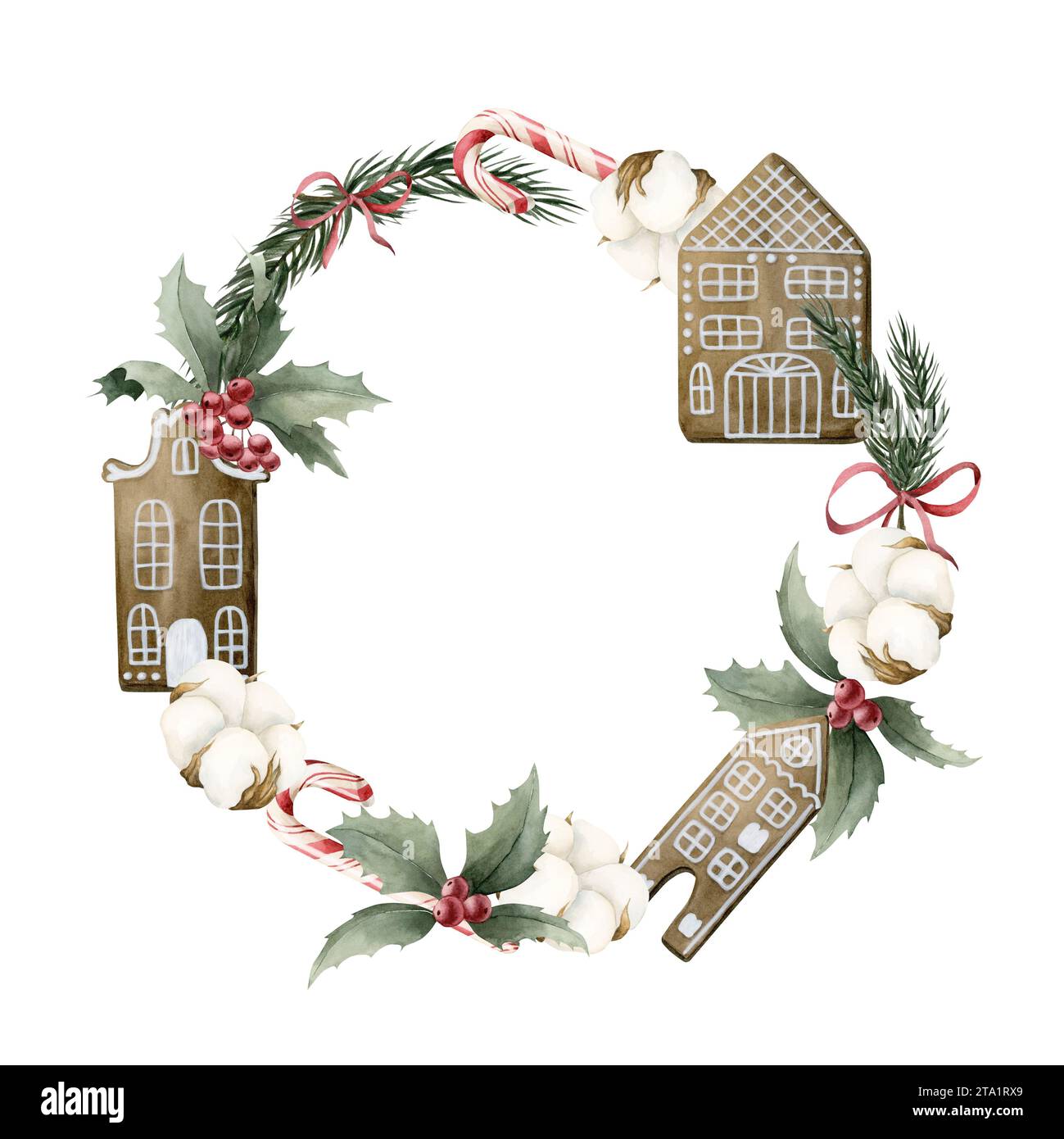 Wreath of gingerbread houses with white icing, cotton, pine branches ...