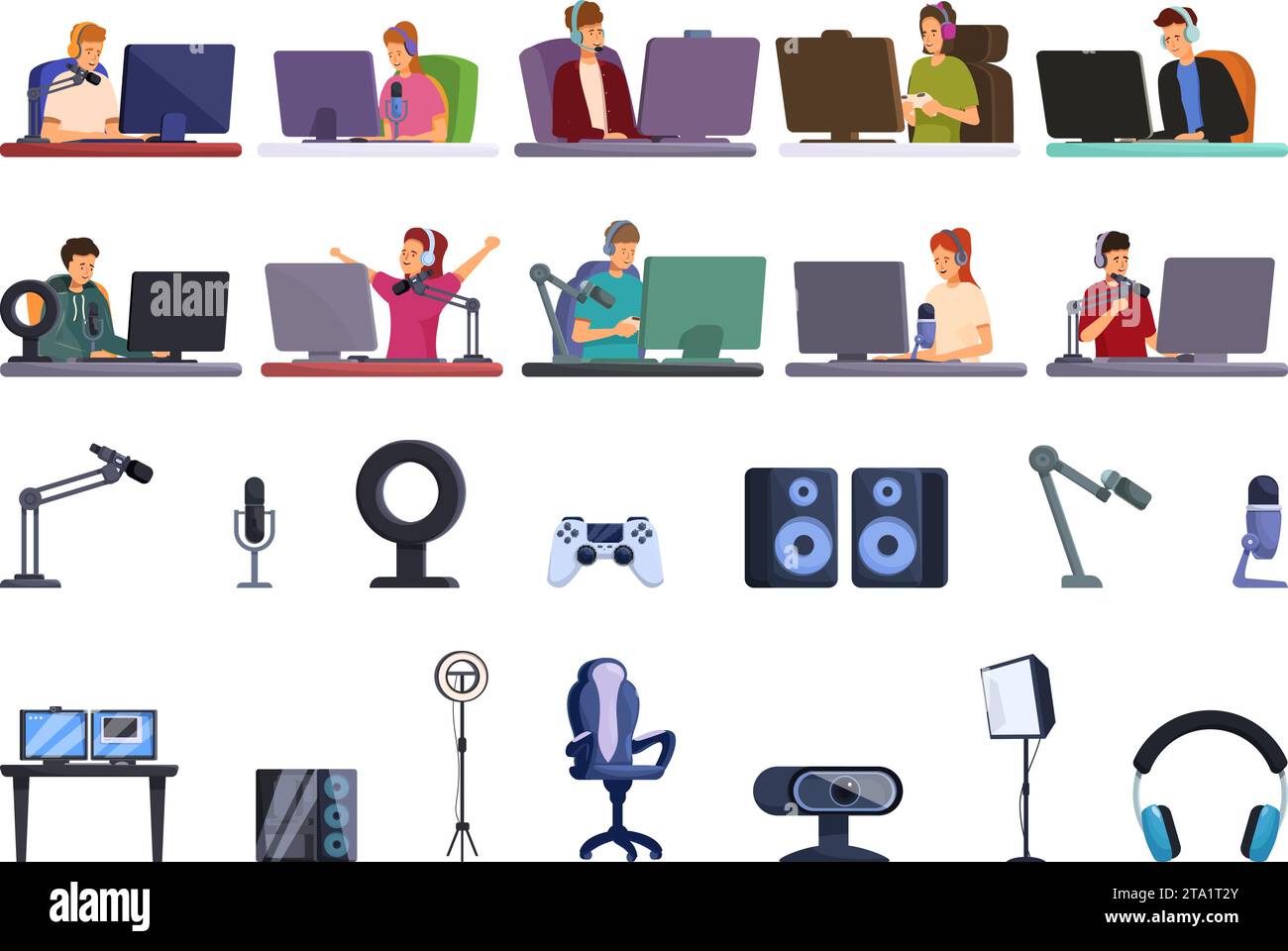 Streamer character icons set cartoon vector. Game video computer ...