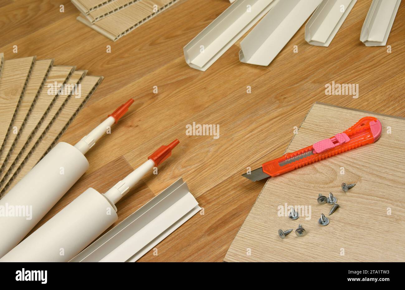 Set of items for PVC ceiling indoor works. Assembly adhesive bottles ...