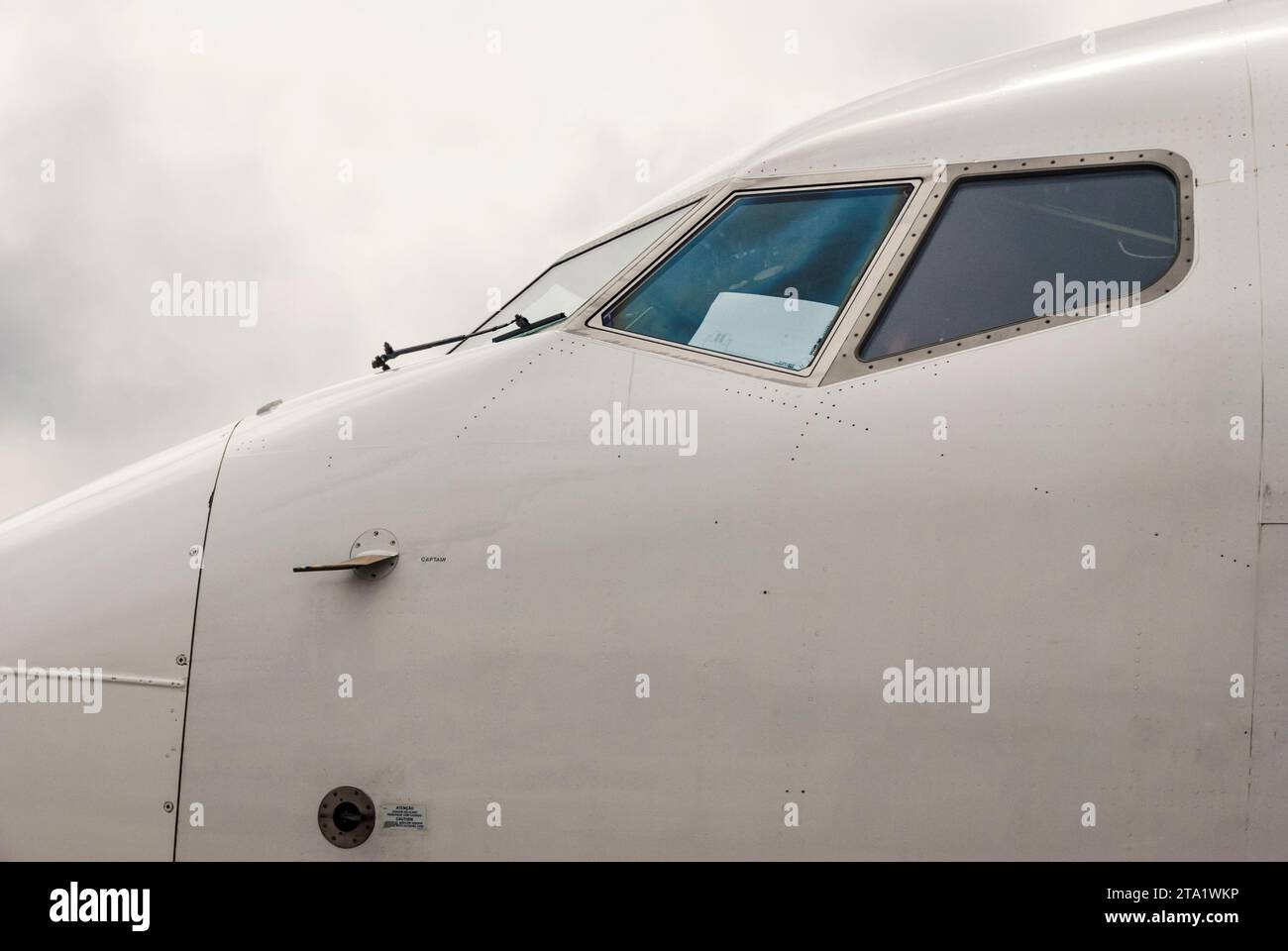 Front section with large commercial airline cockpit windows and sensors ...