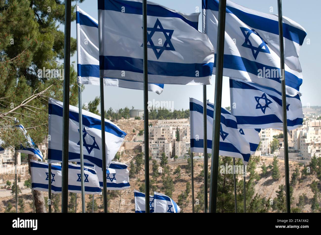Multiple, large, blue and white flags of the State of Israel rippling ...