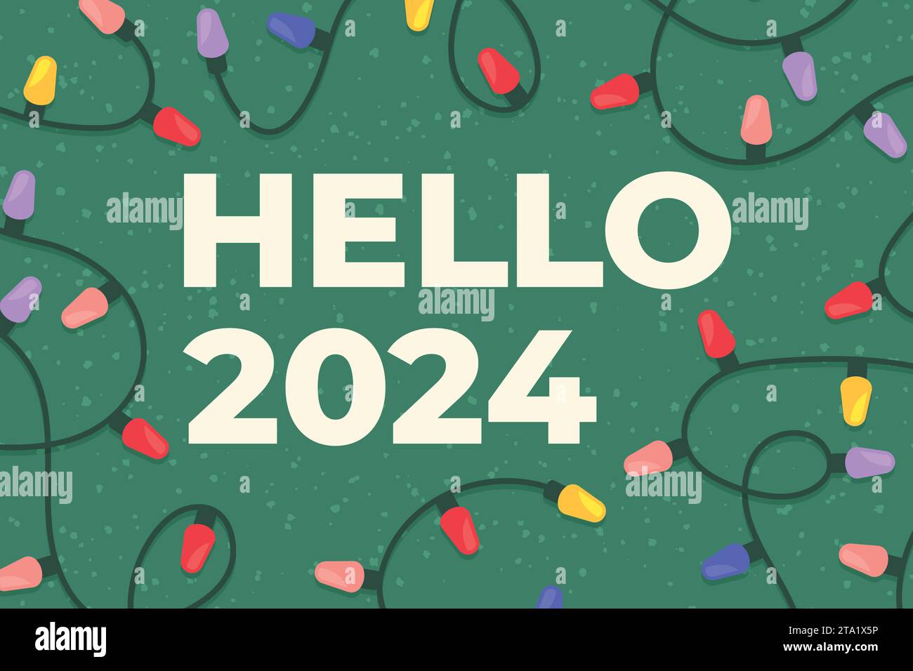 hello new 2024 text and colorful christmas lights- vector illustration ...