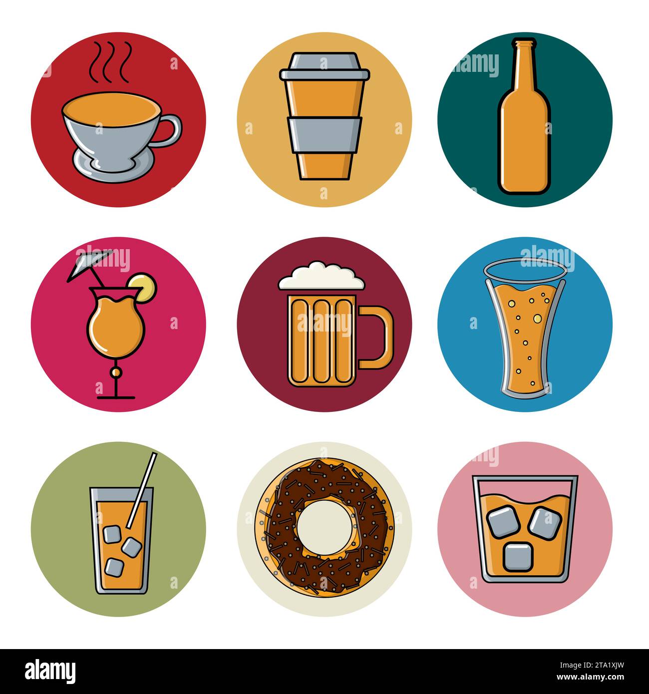 Set of multicolored round icons for a cafe bar of a restaurant. Items ...