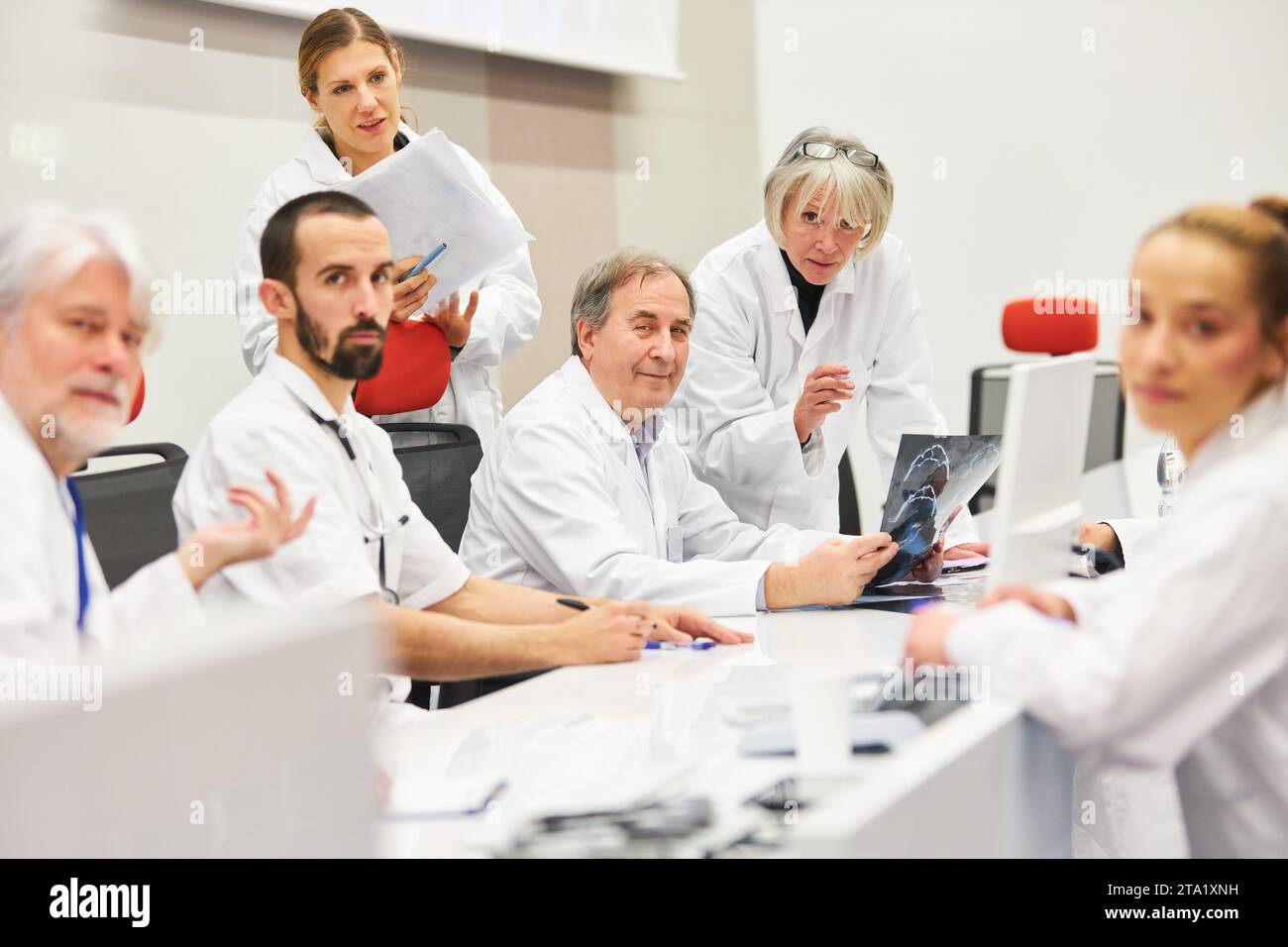 Portrait of panel with medical expertise discussing over x-ray at ...