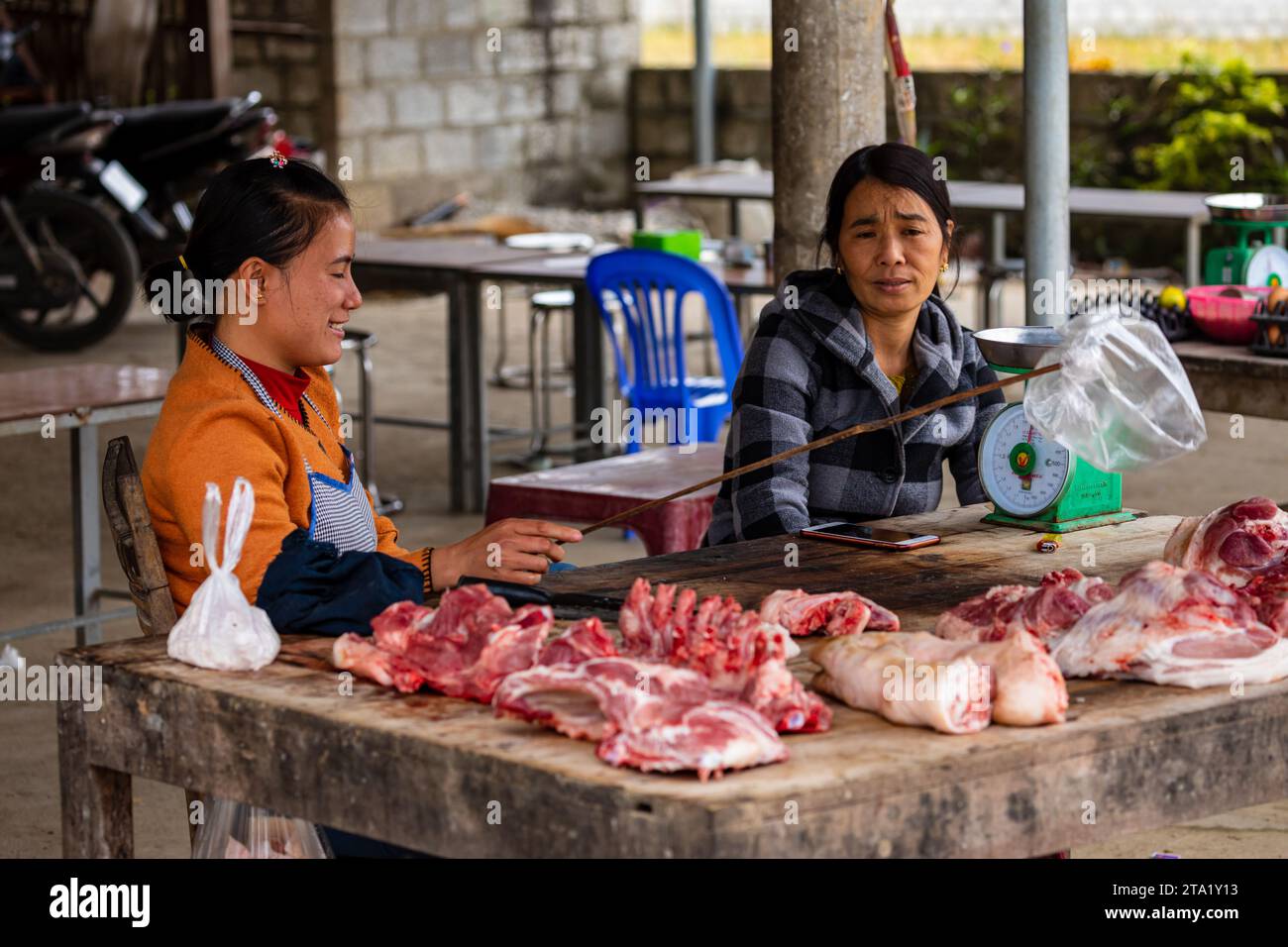 Selling Pork at the Market in the Bac Son Valley in Vietnam Stock Photo ...