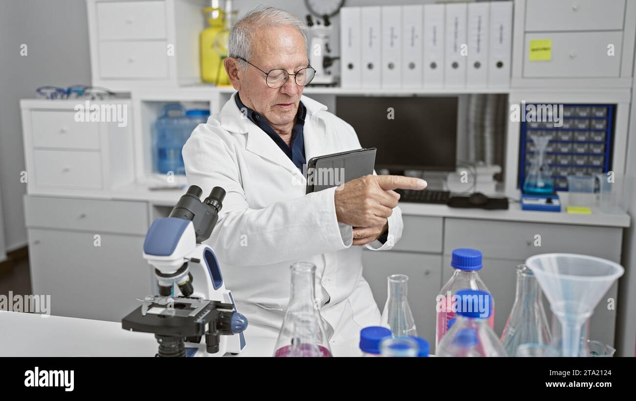 Steely-eyed senior man, a seasoned scientist standing firm in the bustling lab, pointing ...