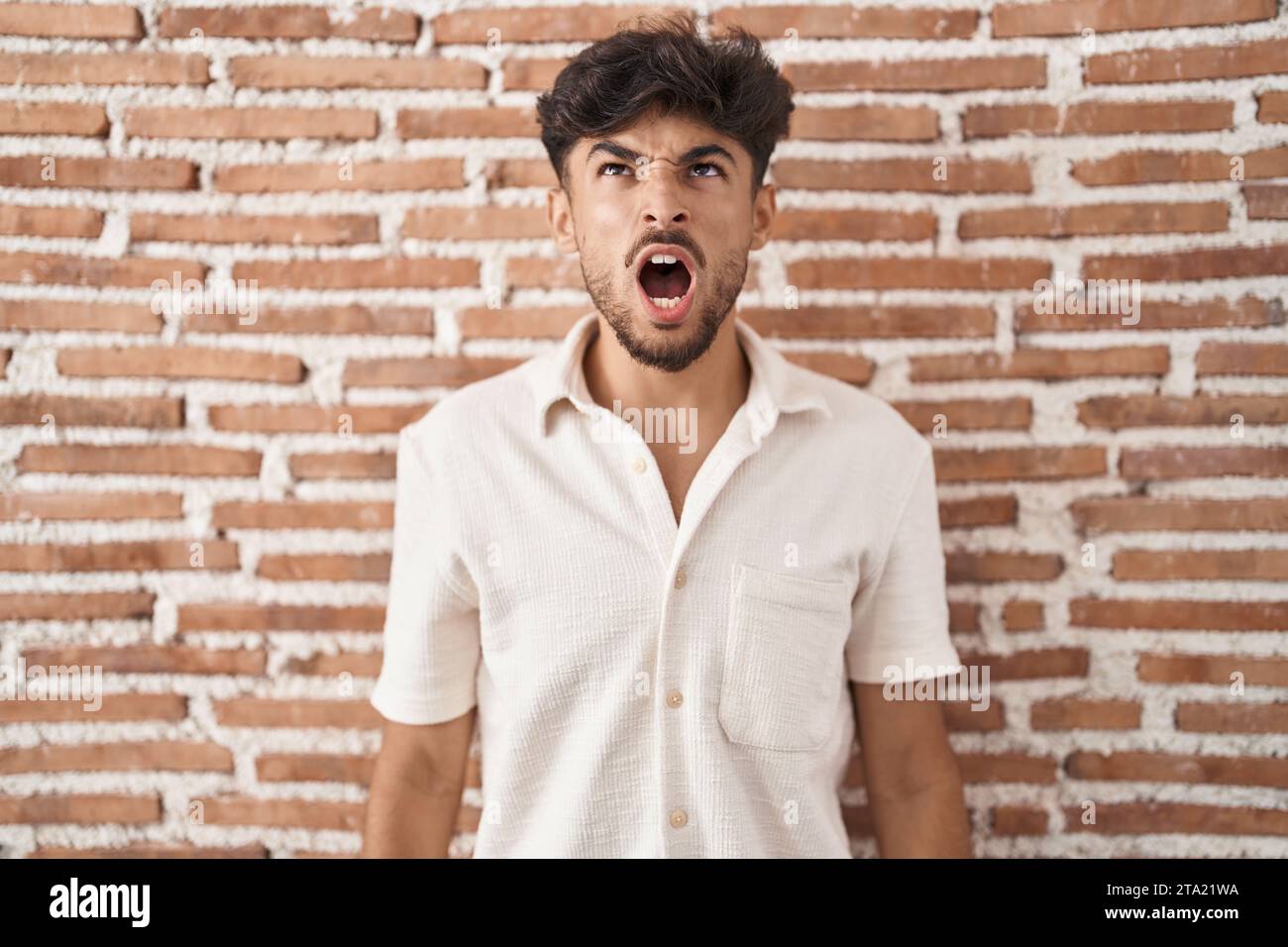 Arab man with beard standing over bricks wall background angry and mad ...