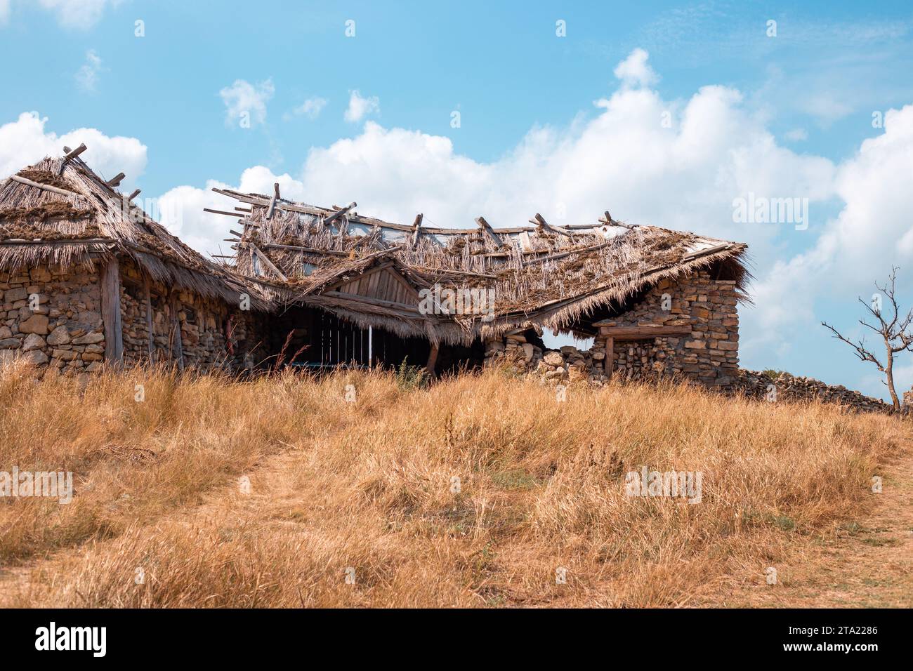 An old stone hut with a destroyed thatched roof in a field on a hill ...
