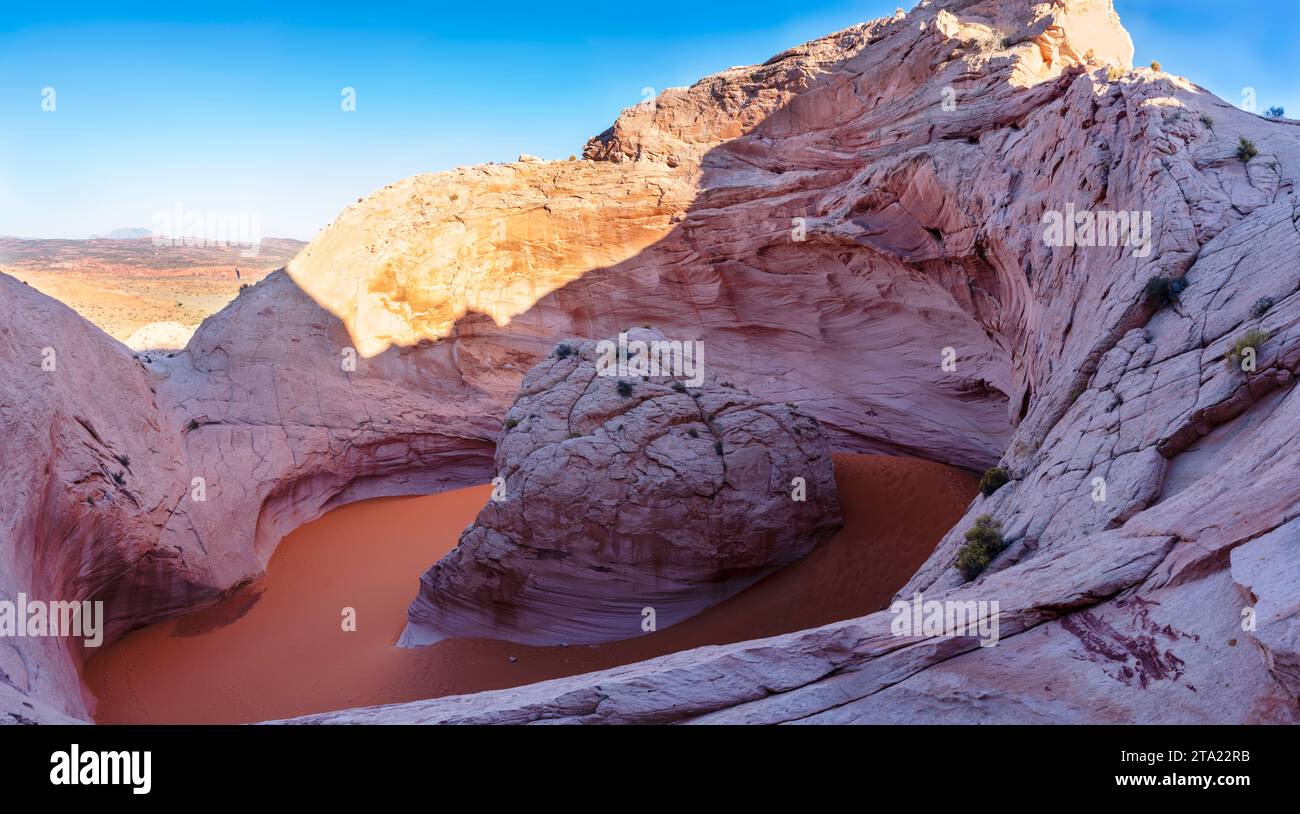 Panoramic photograph of the Cosmic Ashtray, a uniquely eroded sandstone ...