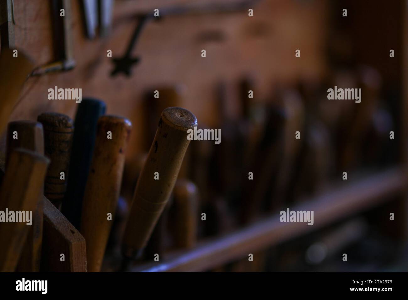 Tool set of expert violin maker luthier artisan workshop in Cremona ...