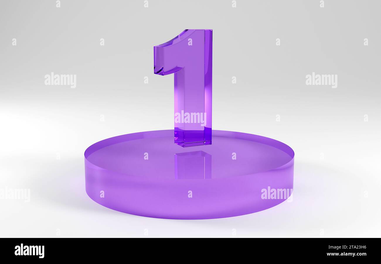 Simple 3D Illustration of a glass Purple Number One on a Podium on a ...