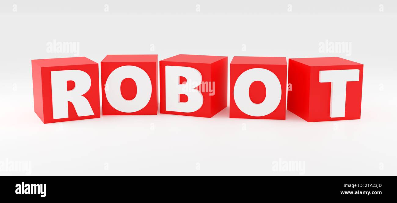 3D render Illustration of the Word ROBOT in Red Blocks on light ...