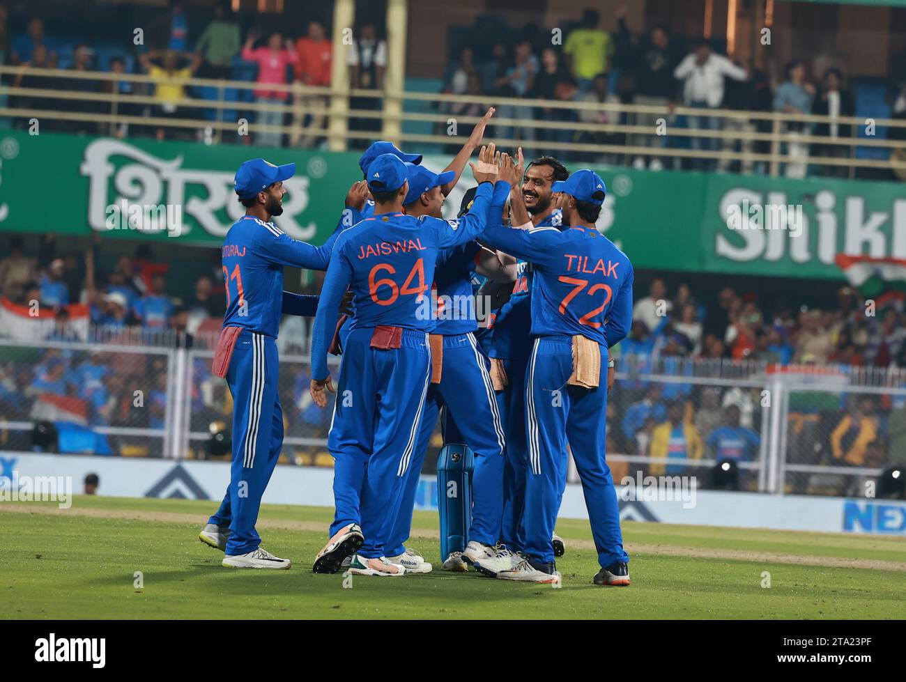 Guwahati, Assam, India. 28th Nov, 2023. Axar Patel of India celebrates ...
