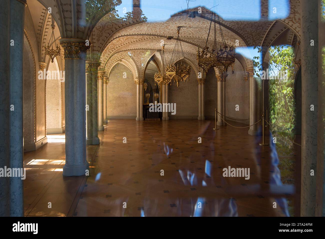 View through a window into the castle hall of Rosenau Castle, Rosenau 1 ...