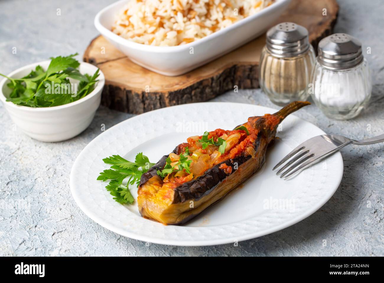 Traditional delicious Turkish foods; Eggplant food, Turkish name; imam ...