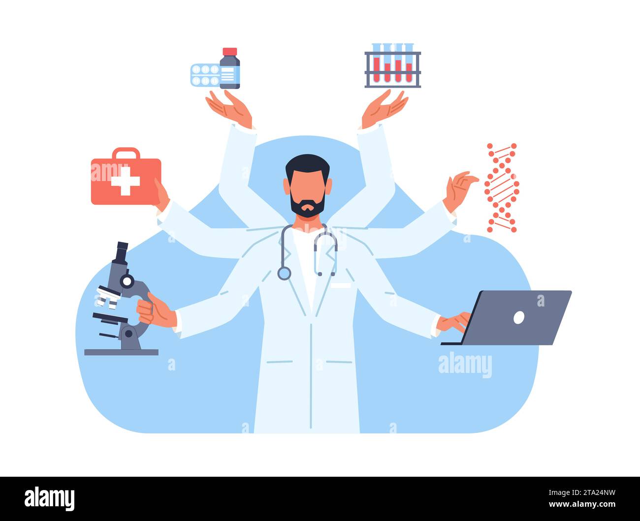 Multitasking physician. Male doctor with many hands hold medical tools ...