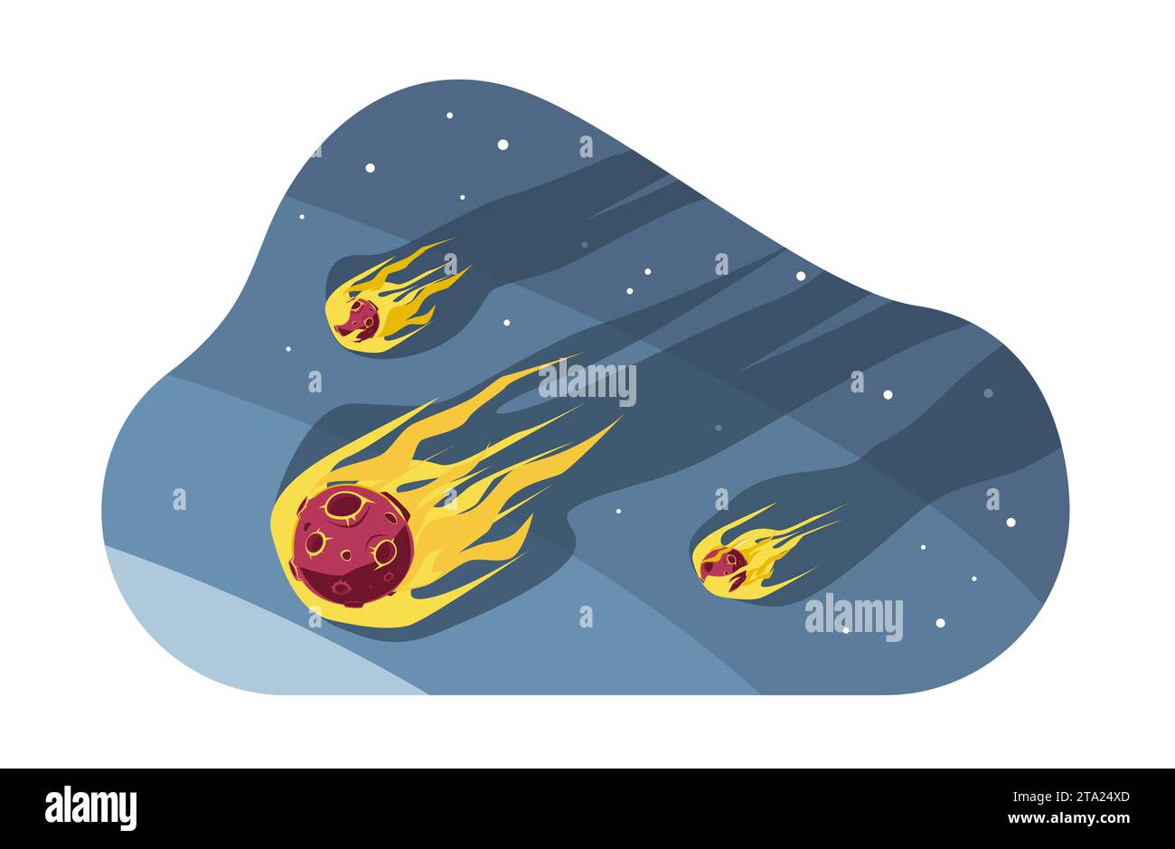 Meteorites flying in starry night sky. Meteor stone with fire. Asteroid ...