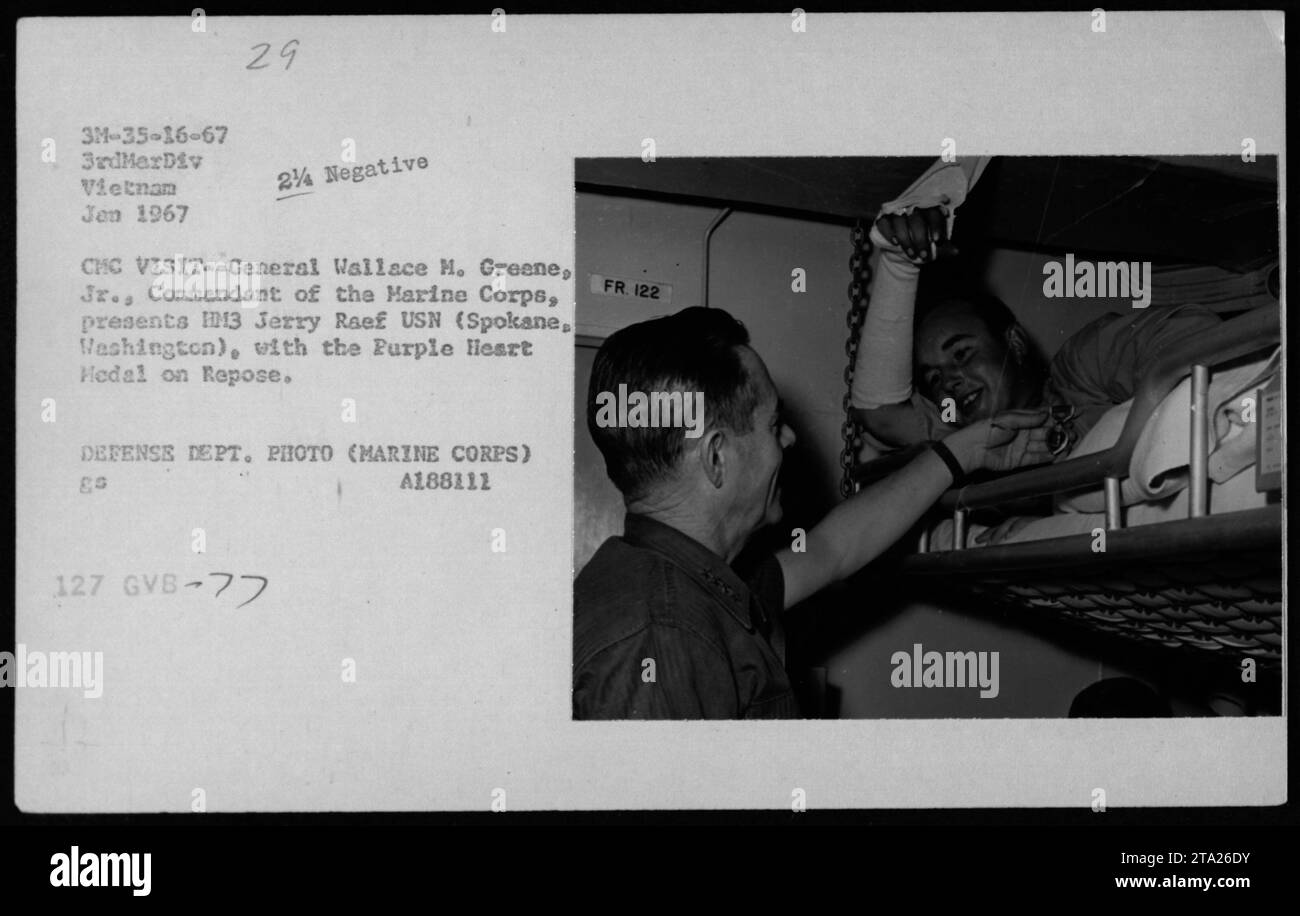Vice President Hubert Humphrey observes as General Wallace M. Greene Jr ...