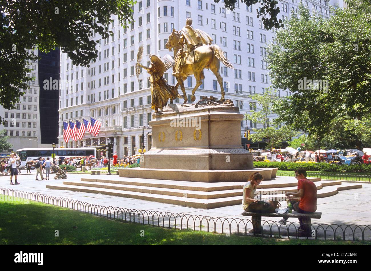 Grand Army Plaza in New York City. Gold Statue of William Tecumseh ...