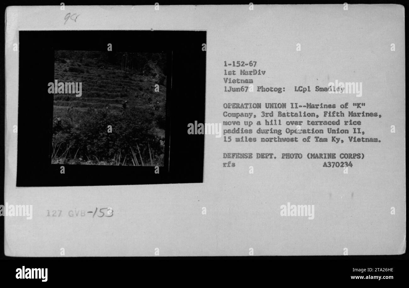 Marines of "K" Company, 3rd Battalion, Fifth Marines, advancing up a ...