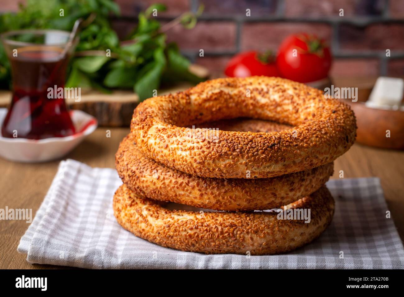 Turkish fast food bagel called Simit. Turkish bagel Simit with sesame ...