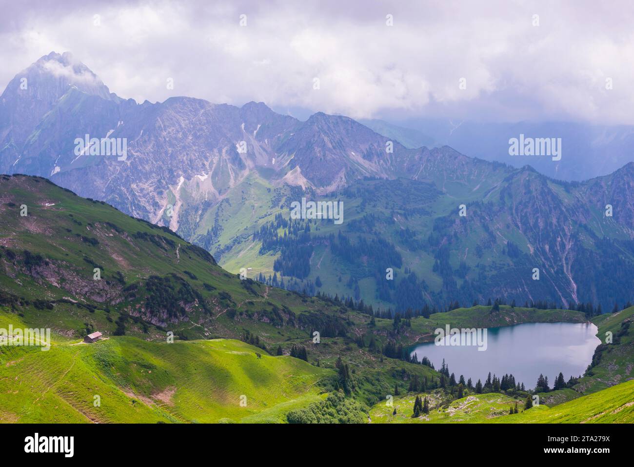 Panorama from the Zeigersattel to the Seealpsee, in the back left the ...