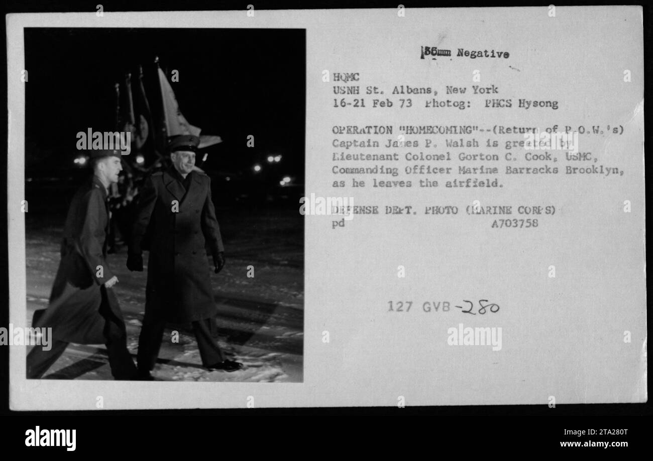 US Marine Captain James P. Walsh is greeted by Lieutenant Colonel ...