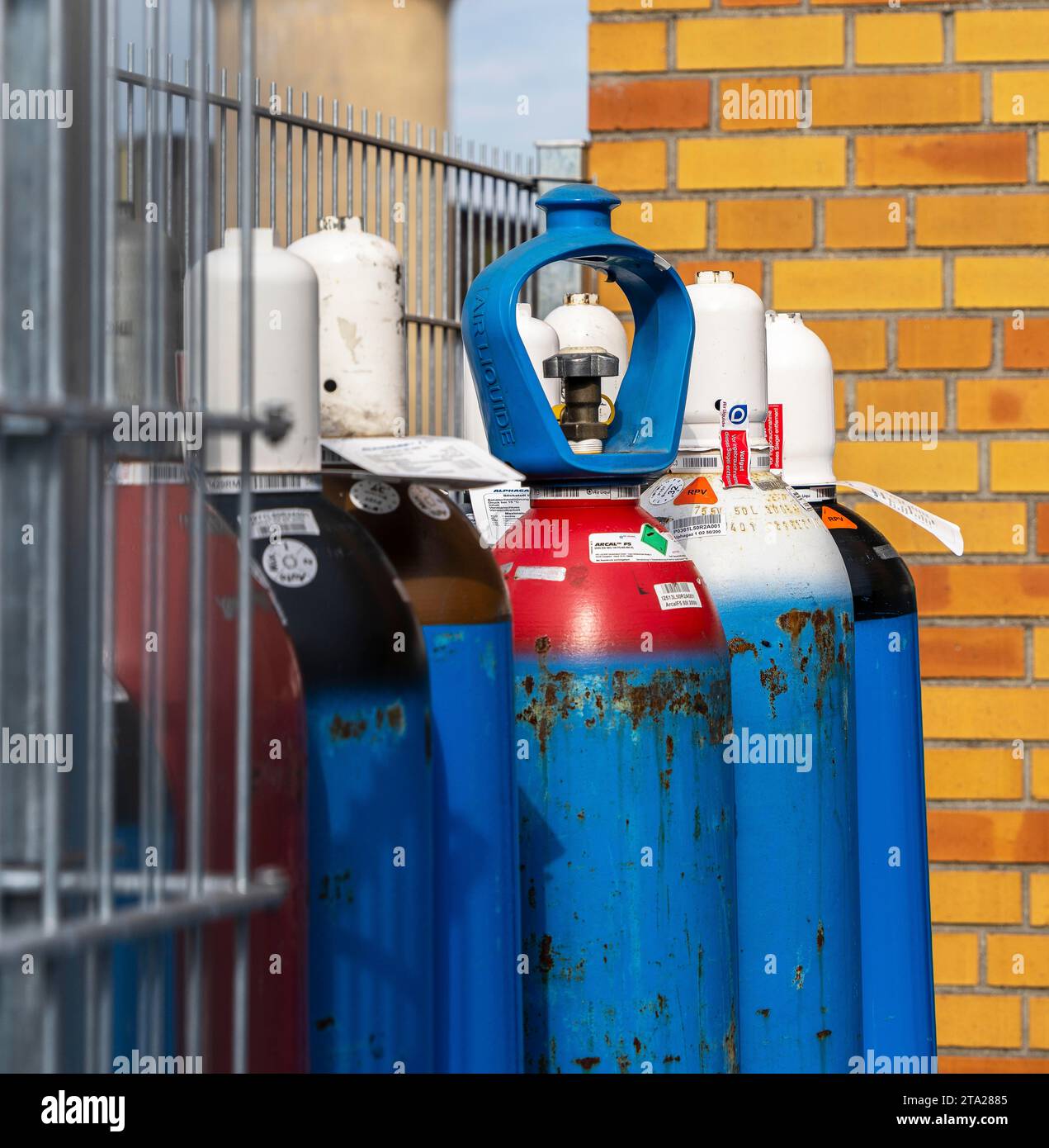 Industrial steel cylinders with inert gas, construction site, Berlin ...