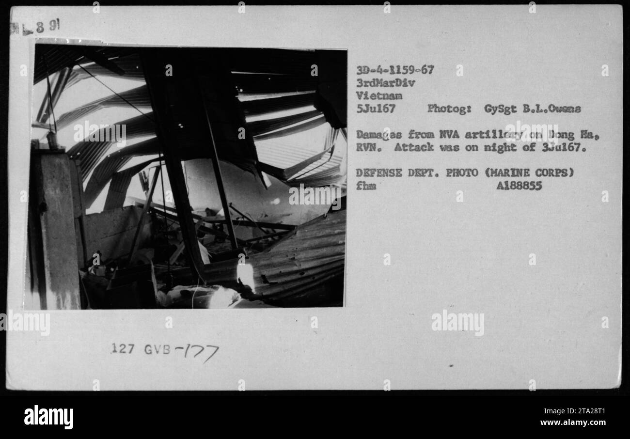 Damage caused by NVA artillery on Dong Es, RVN on July 3, 1967. The ...