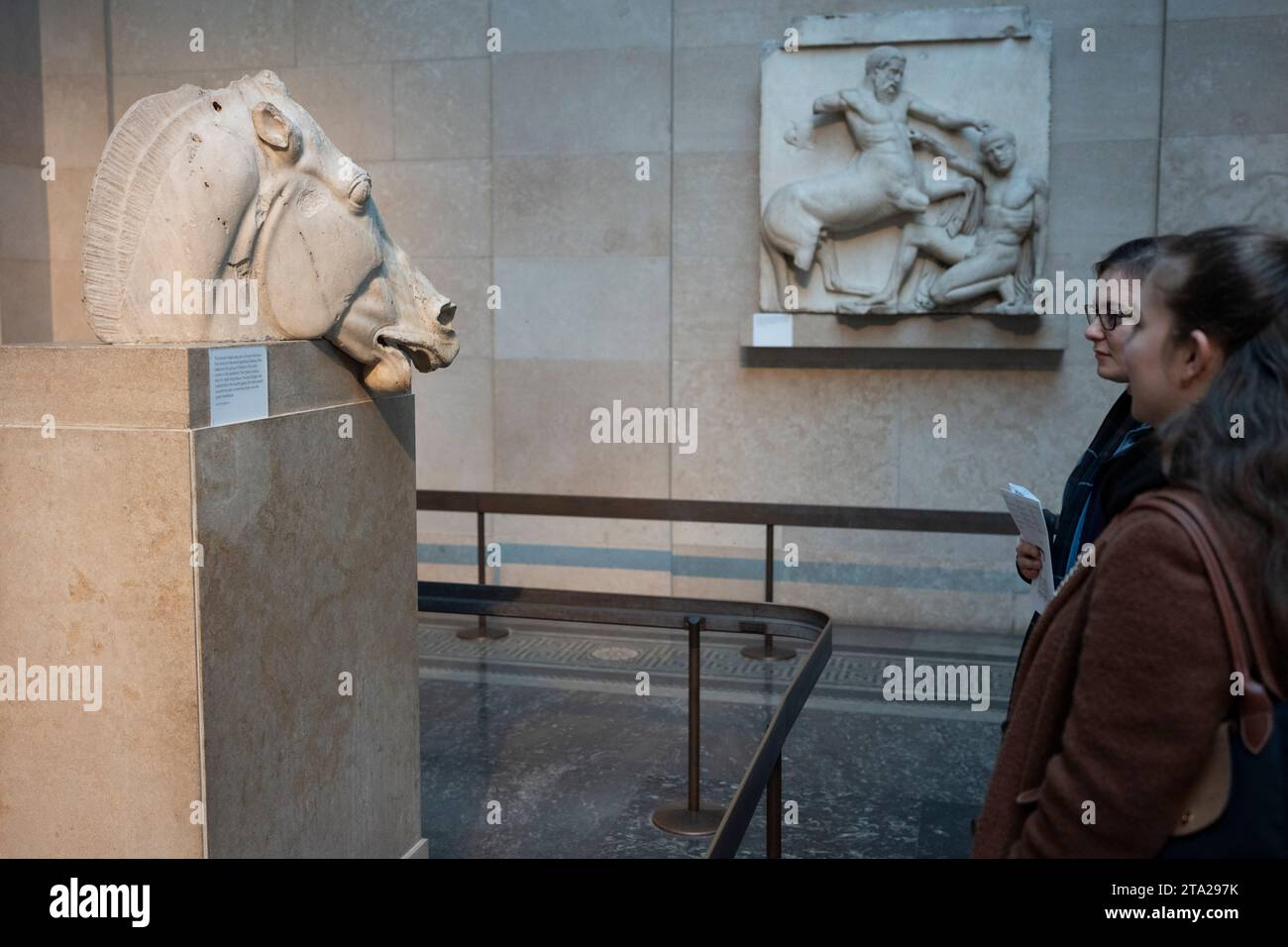 Visitors in London's British Museum admire the horse's head, one of the ...