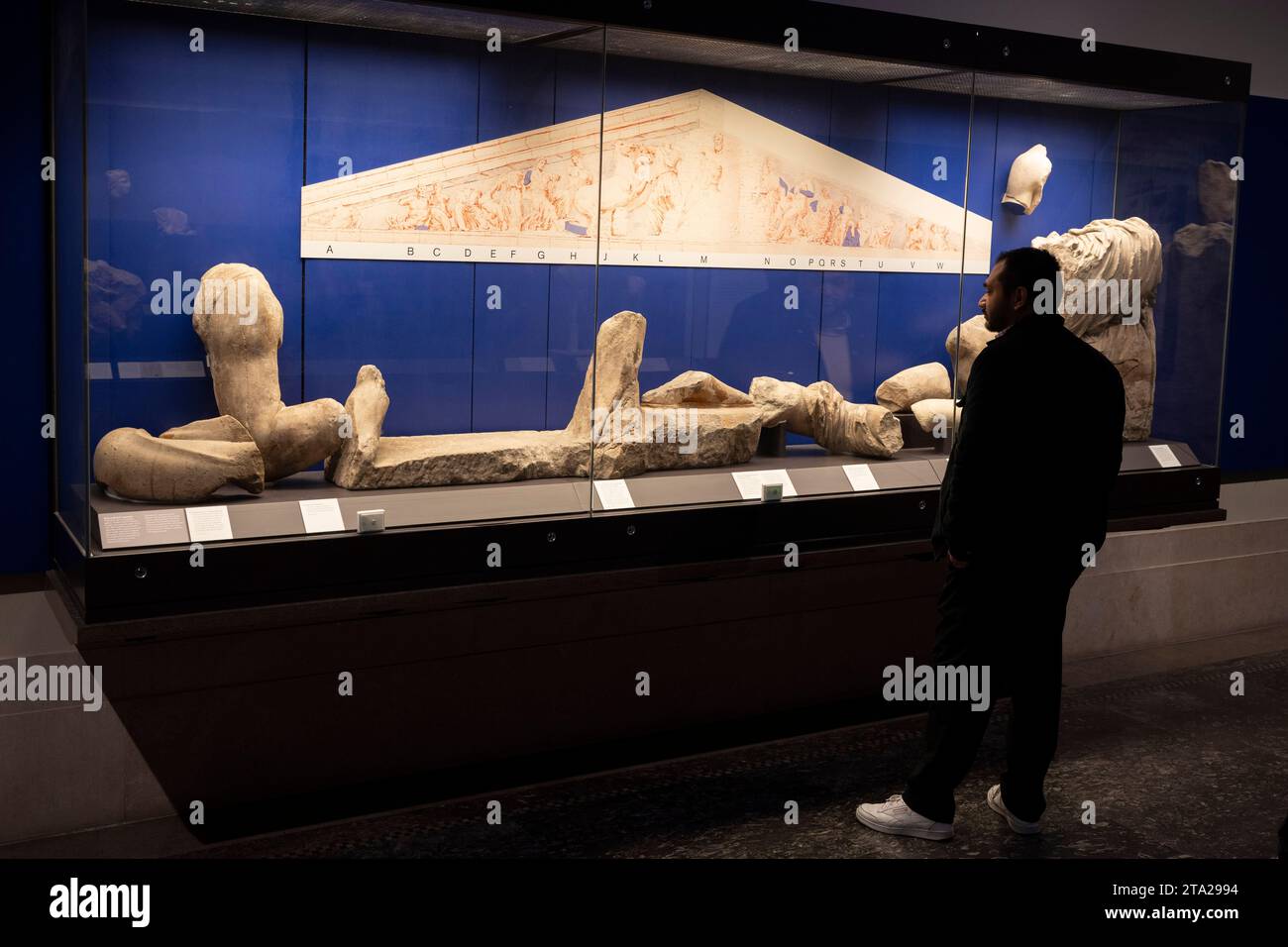 A visitor views a display cabinet containing information about the ...