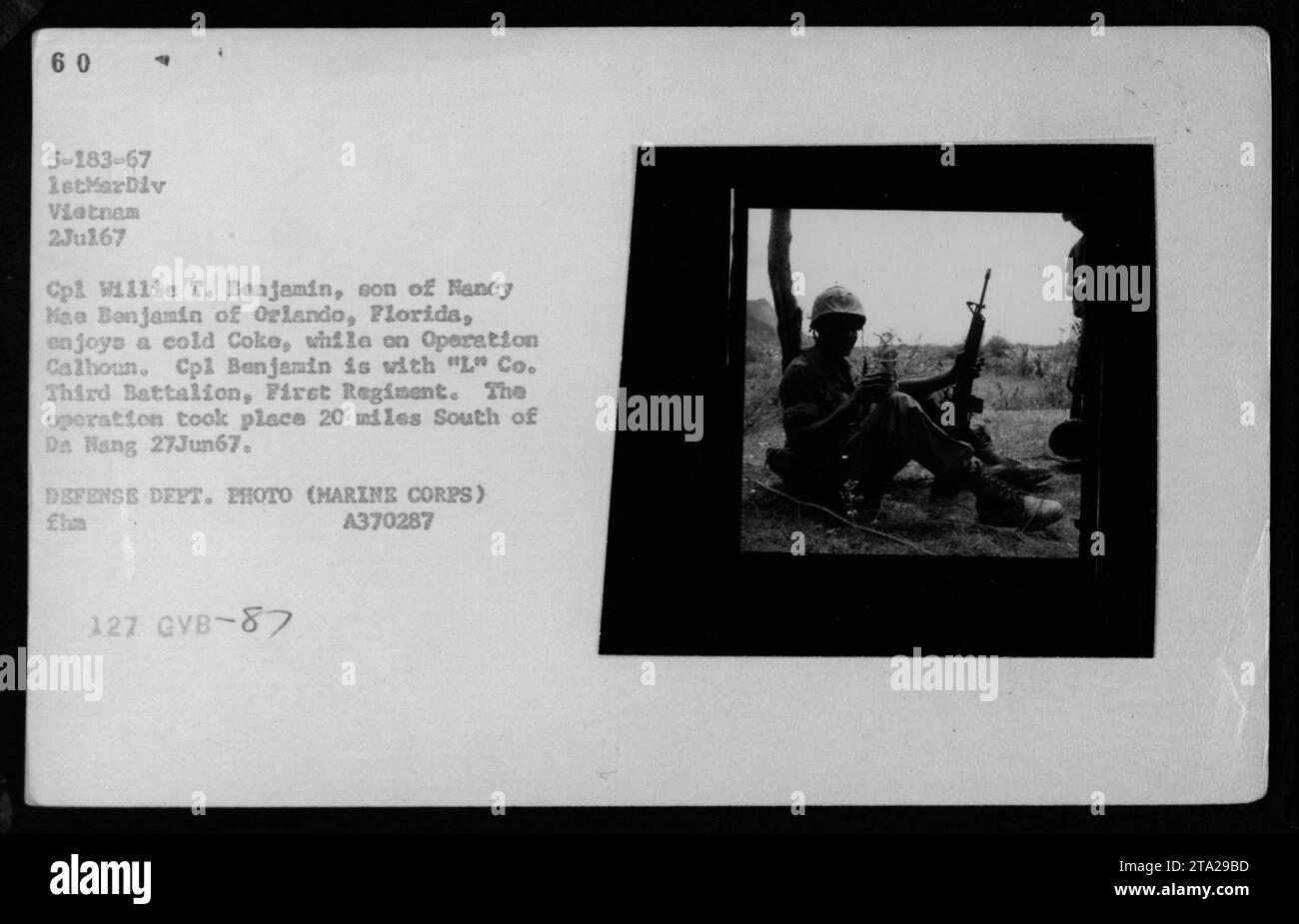 Cpl Willie T. Benjamin enjoys a cold Coke during Operation Calhoun on ...