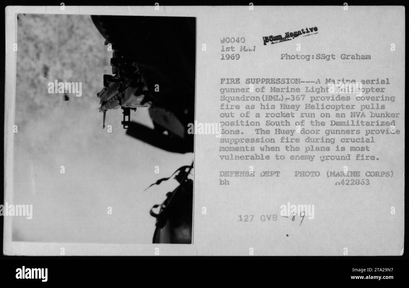 A Marine aerial gunner provides covering and suppression fire from a ...