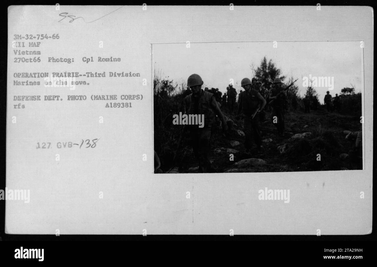 Third Division Marines on the move during Operation Prairie I on ...