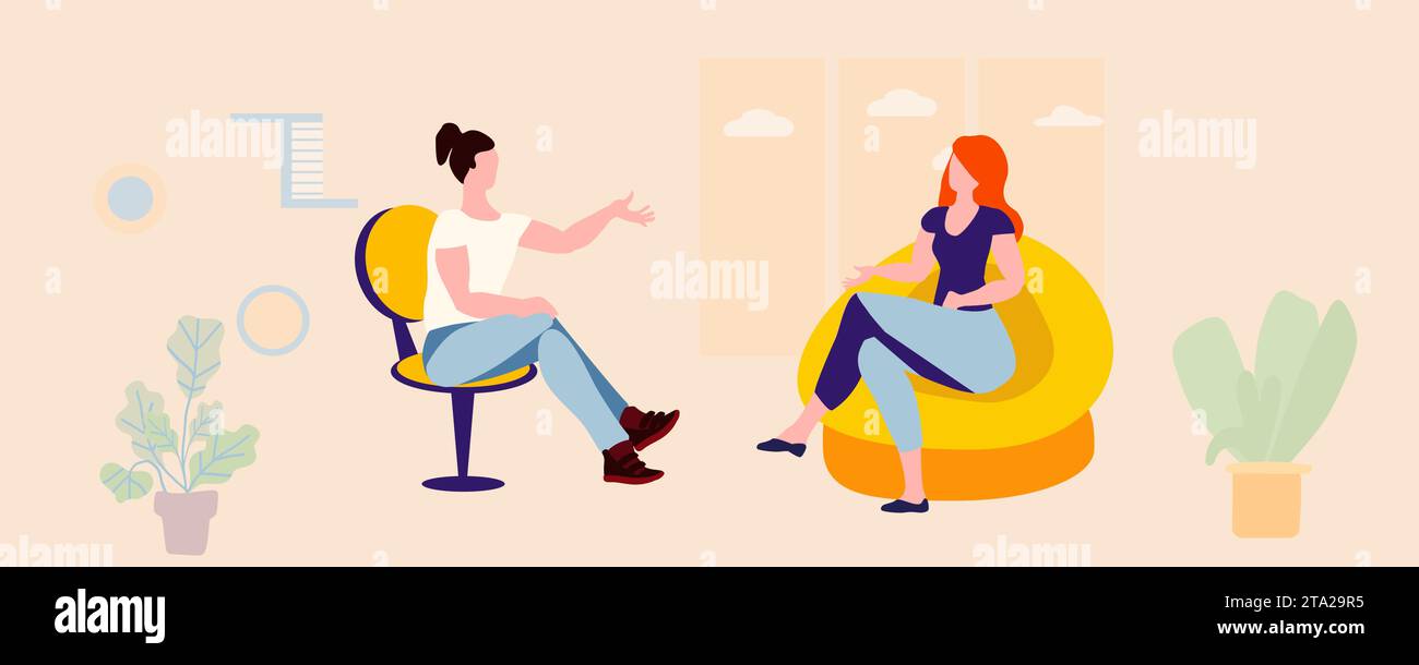 A girl interviews a guy in a room with a window. Friendly conversation ...