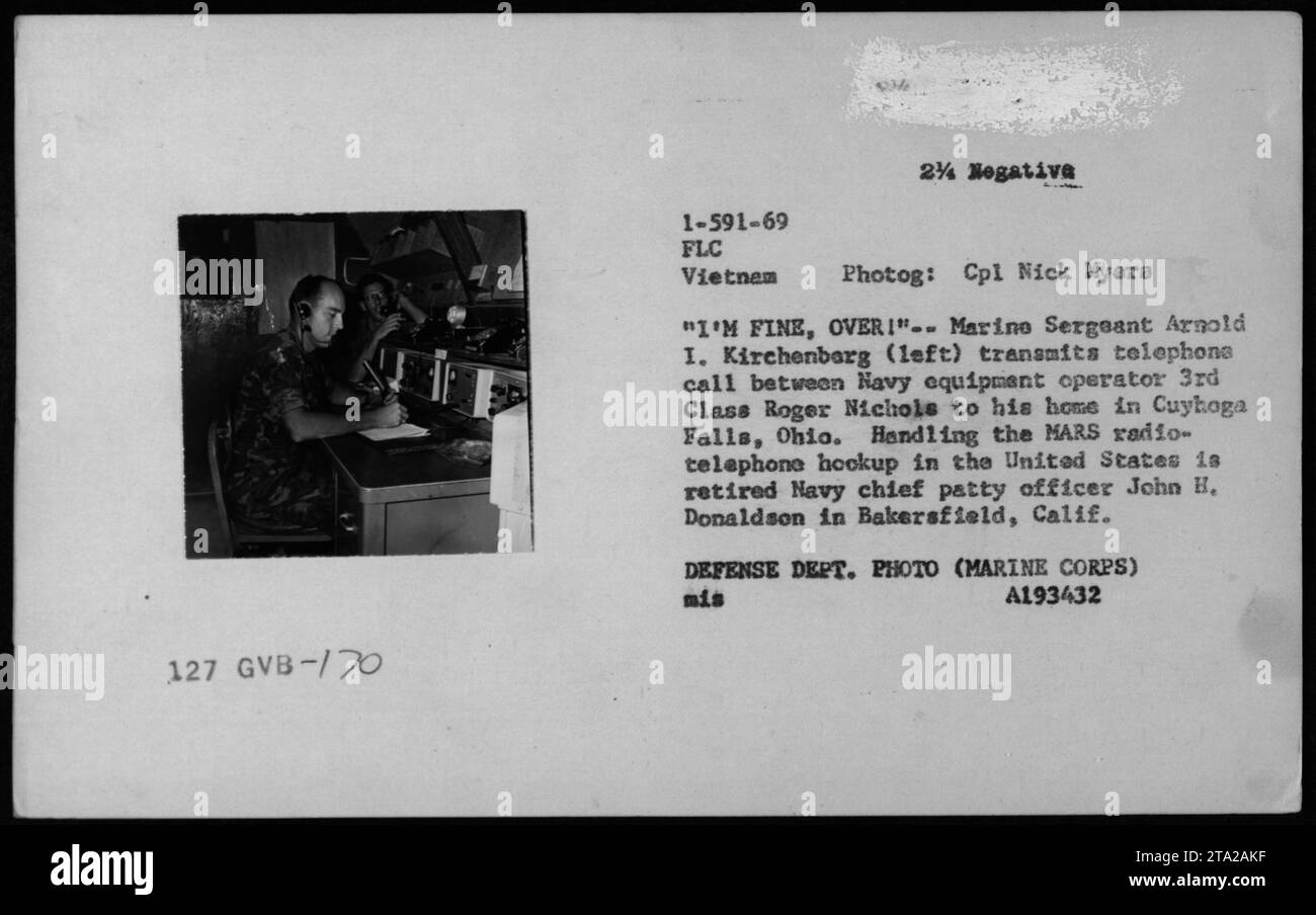 Photograph shows Sergeant Arnold I. Kirchenbarg relaying a telephone ...