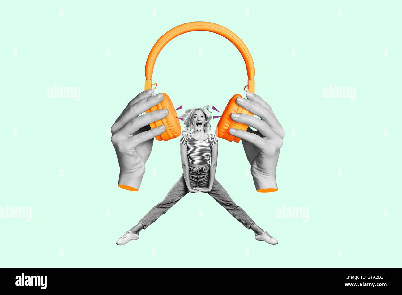 Collage image picture of cheerful positive girl listening loud music ...