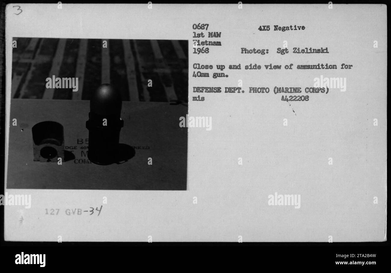 Close-up side view of 40mm gun ammunition in 1968 during the Vietnam ...