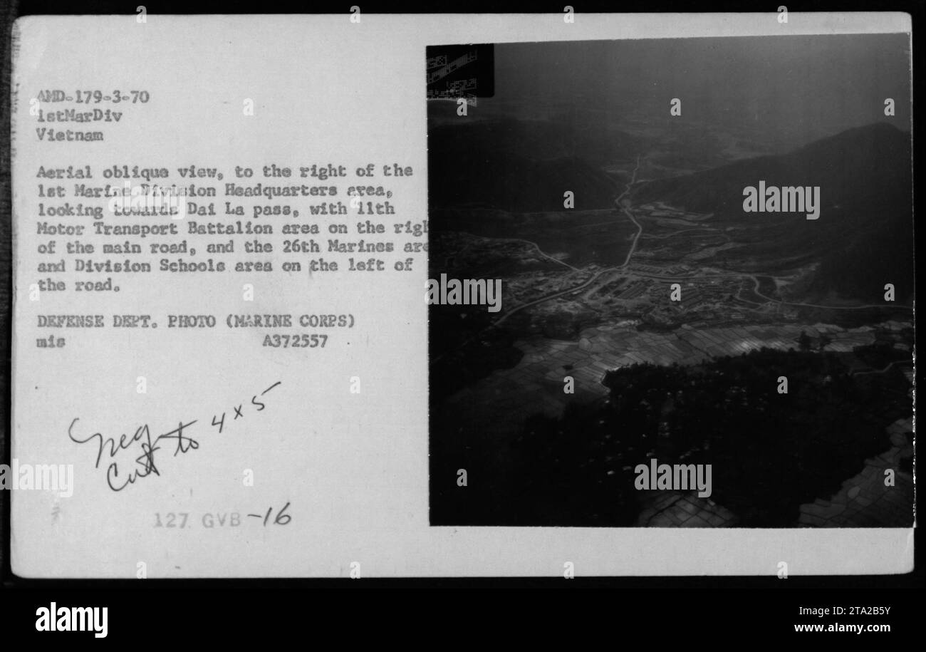 An aerial oblique view of the 1st Marine Division Headquarters area in ...