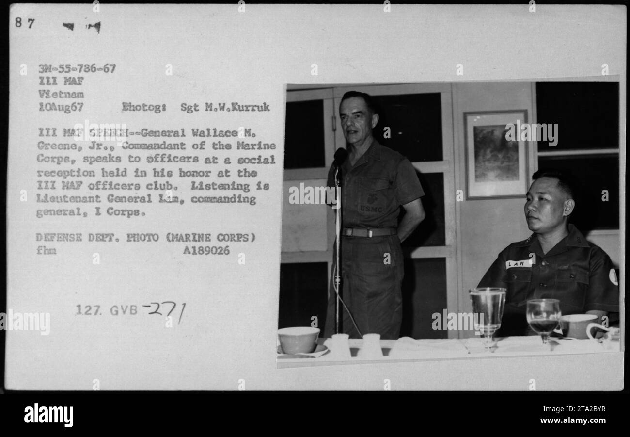 General Wallace M. Greene Jr. addresses officers at a social reception ...