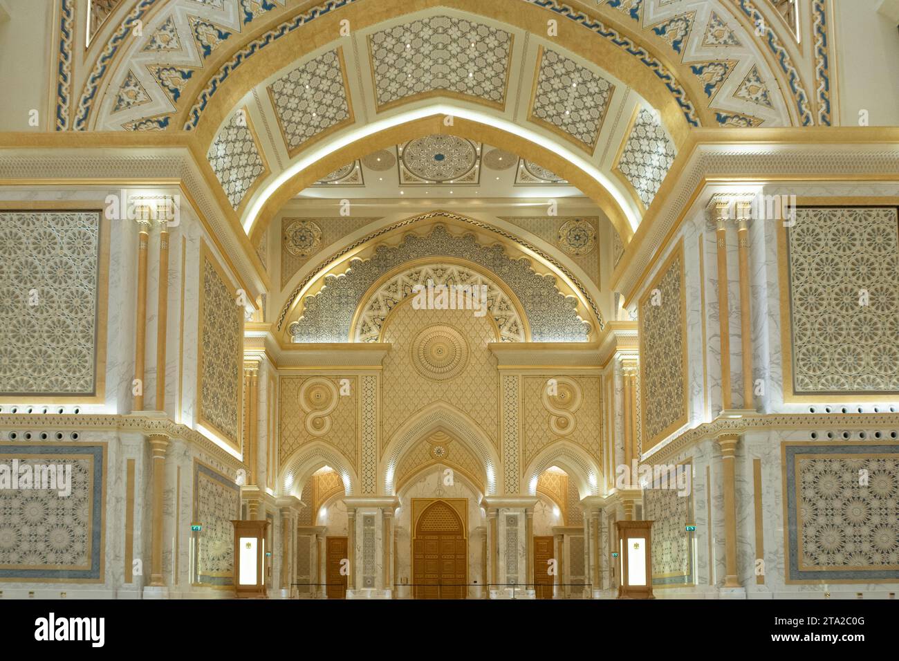 Abu Dhabi, UAE, 08.02.2020. UAE Presidential Palace Qasr Al Watan, inside view of The Great Hall ...