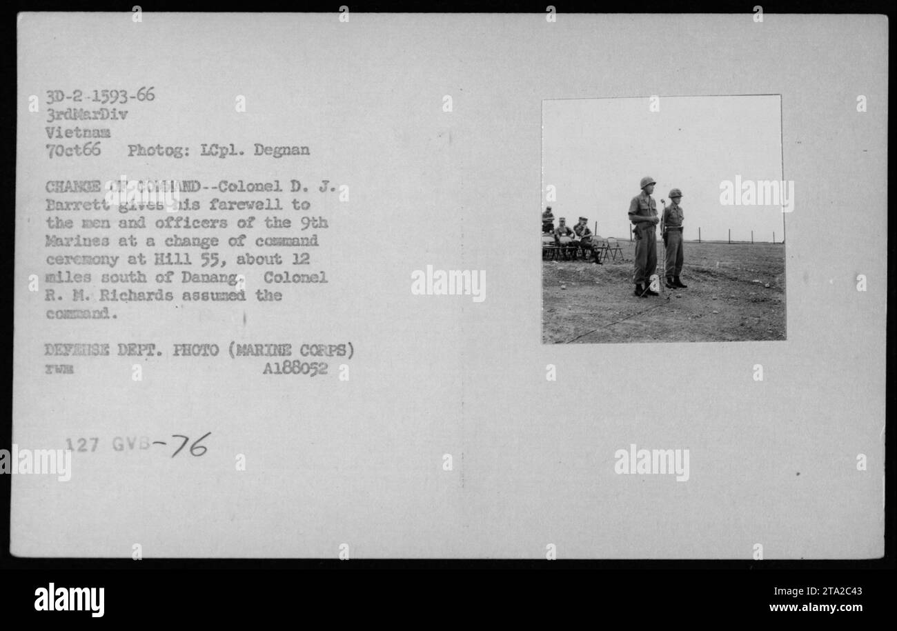 Colonel D.J. Barrett bids farewell to the 9th Marines during a change ...