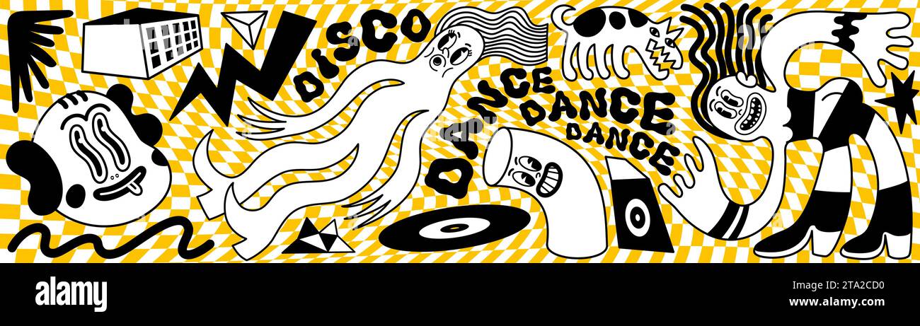 Cartoon rave music retro banner. Groovy music party with minimalist ...