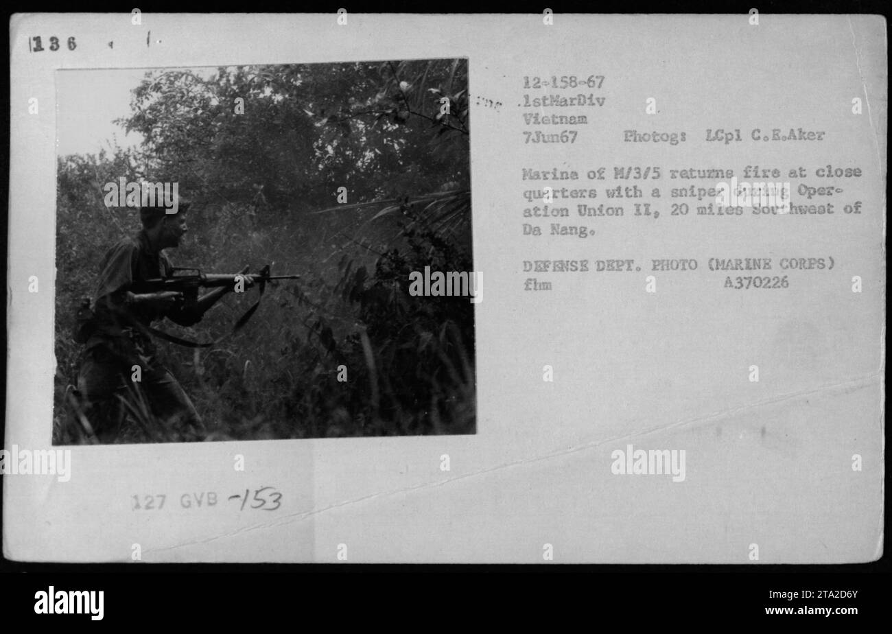 Marine of M/3/5 engages in combat with a sniper during Operation Union ...