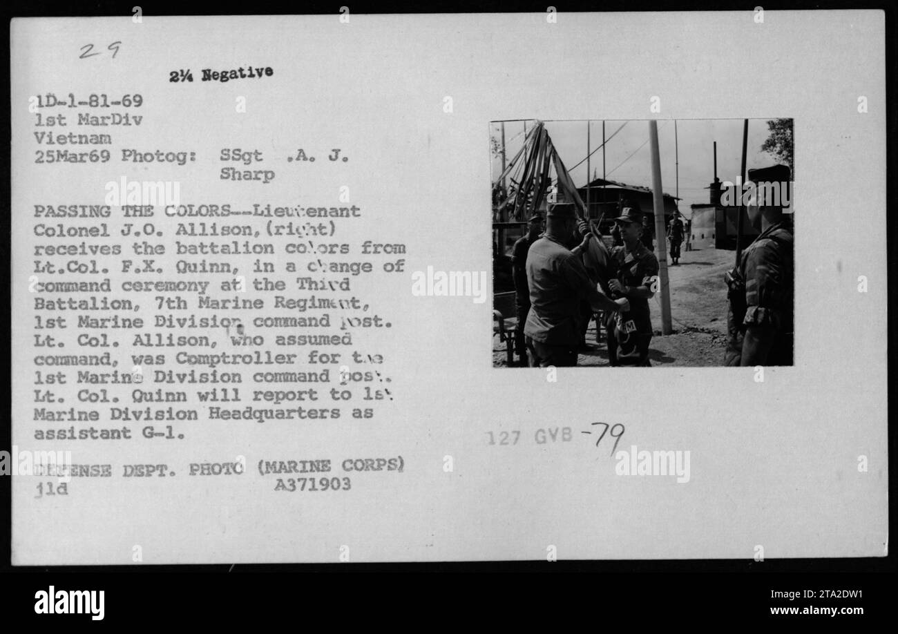 Lieutenant Colonel J.O. Allison receives the battalion colors from ...