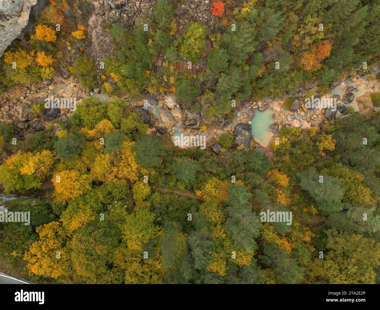 Aerial view of the B-400 road and the Torrent de Bosoms ravine on the ...