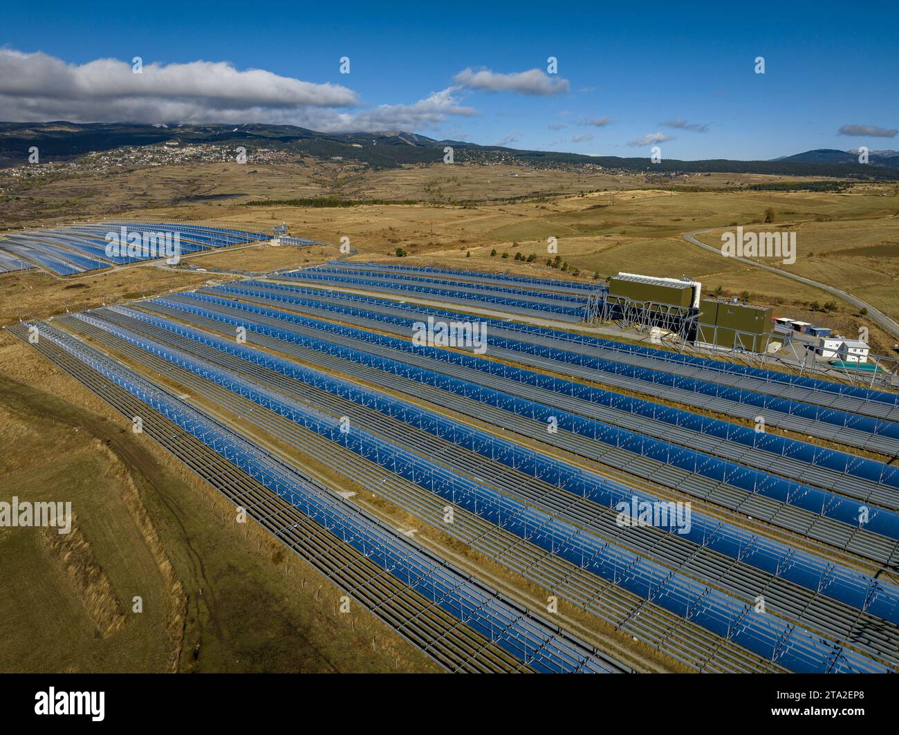 Aerial view of the Llo solar thermal power plant. Haute Cerdagne is one ...